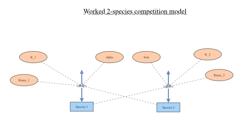 Implementing LV competition in Base 2 species model | Insight Maker